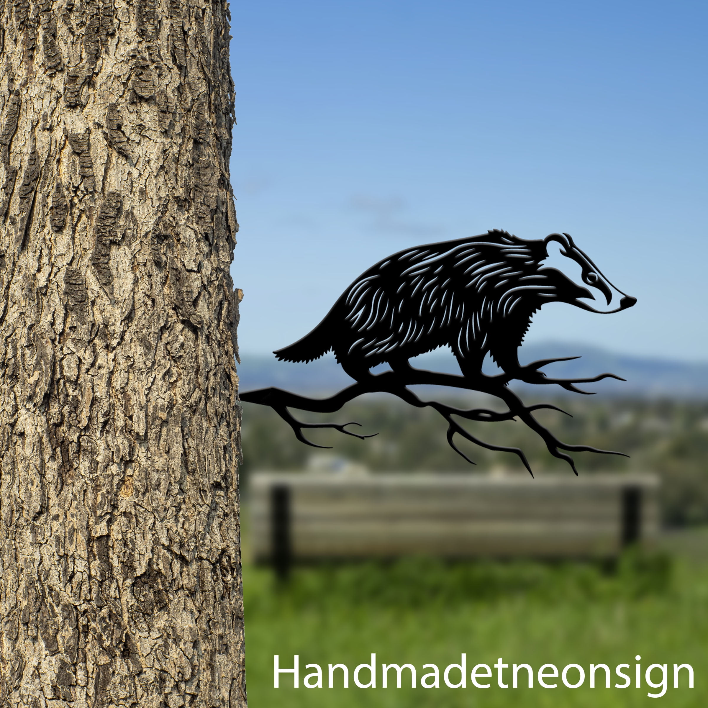 Handmadetneonsign Badger On Branch Metal Tree Stake, Badger Garden Tree ...