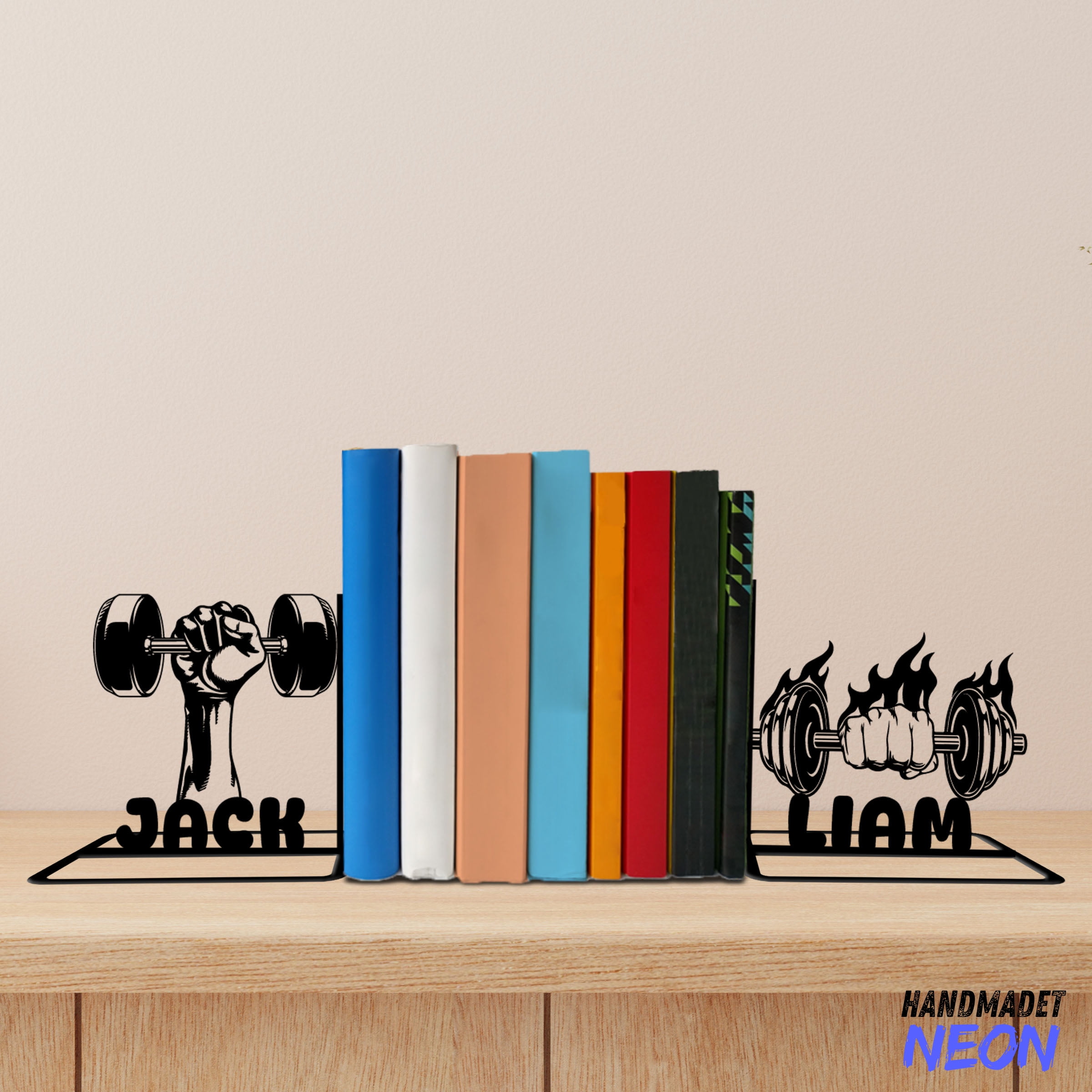 Handmadetneonsign Barbell Dumbbell Sport Metal Bookends, Weightlifting ...