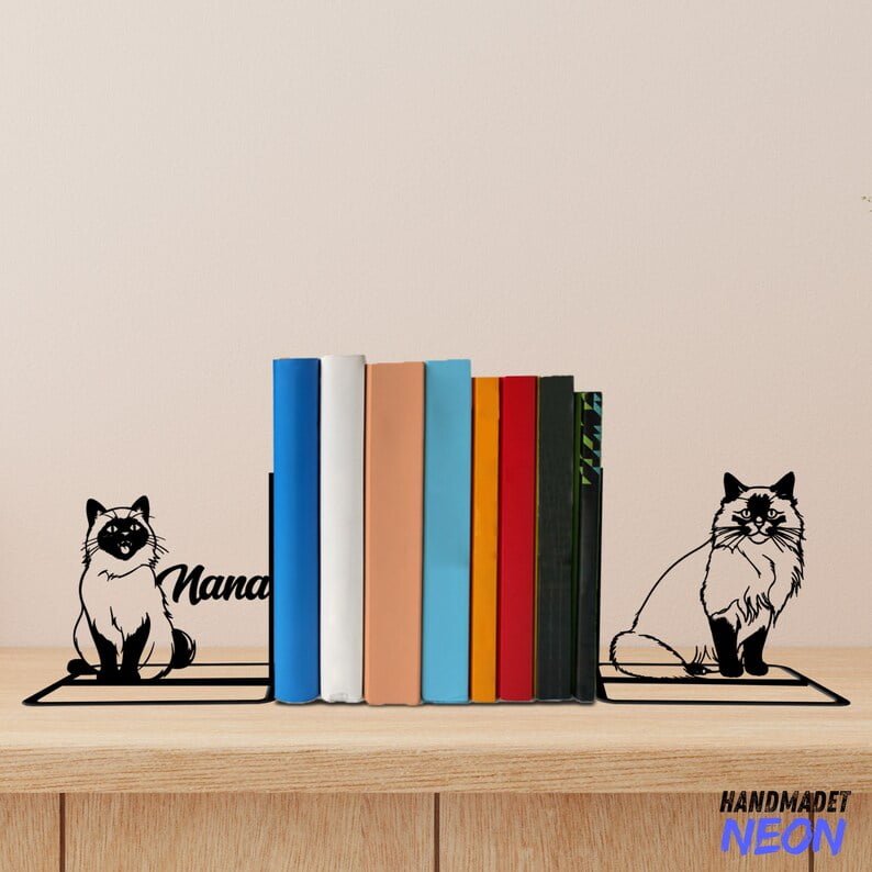 Handmadetneonsign Birman Cat Metal Bookends, Birman Cat Name Bookend ...