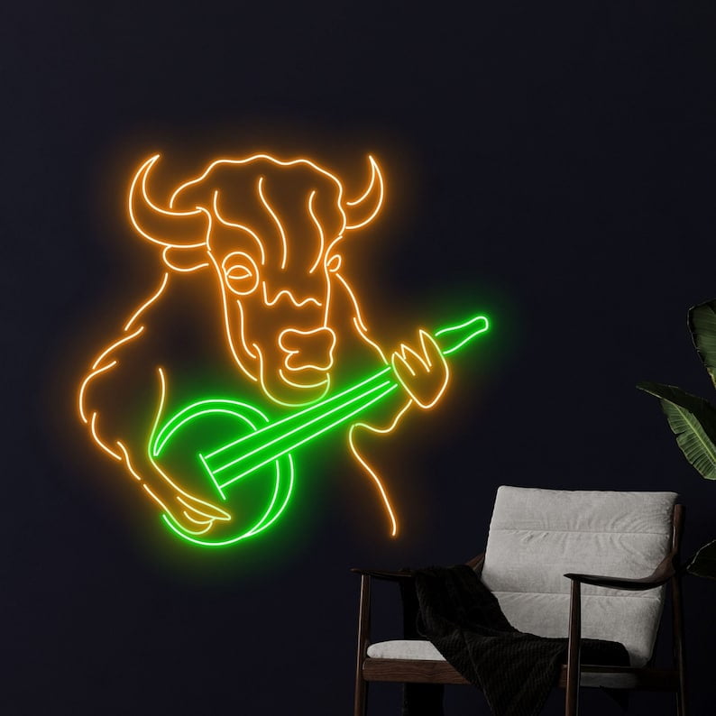 Handmadetneonsign Bison Playing Banjo Neon Sign, Music Bison Wall Art ...