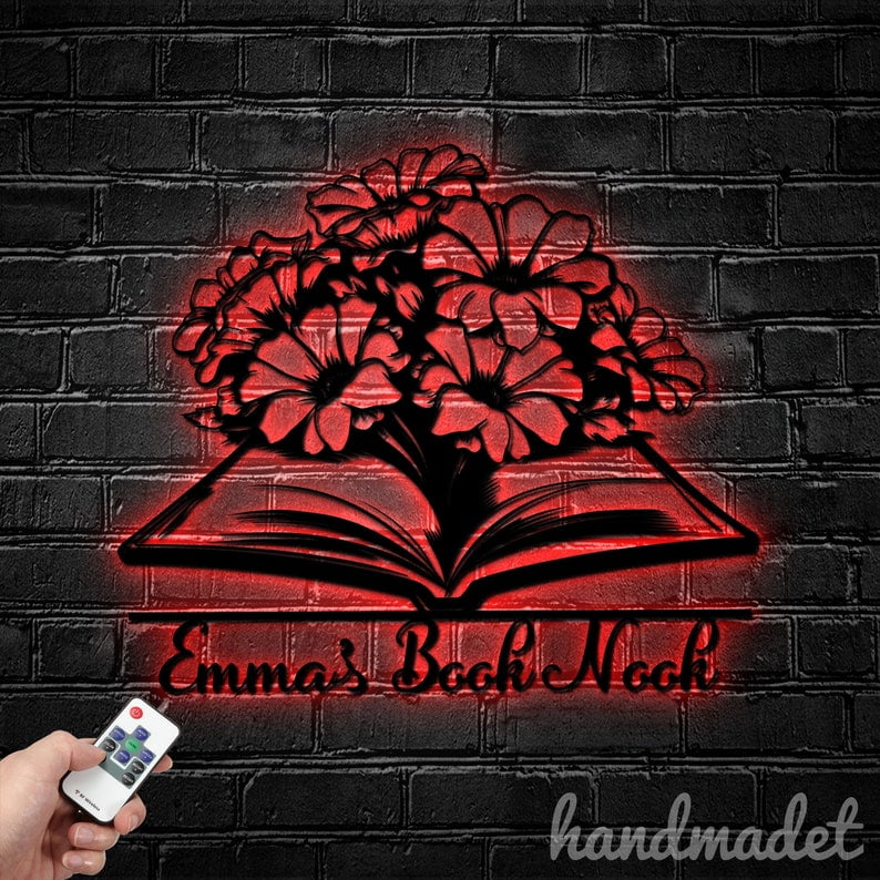 Handmadetneonsign Book Nook Metal Wall Art Light, Bookworm Metal Sign ...