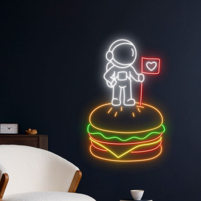Handmadetneonsign Burger Astronaut Neon Sign, Burger Restaurant Wall ...