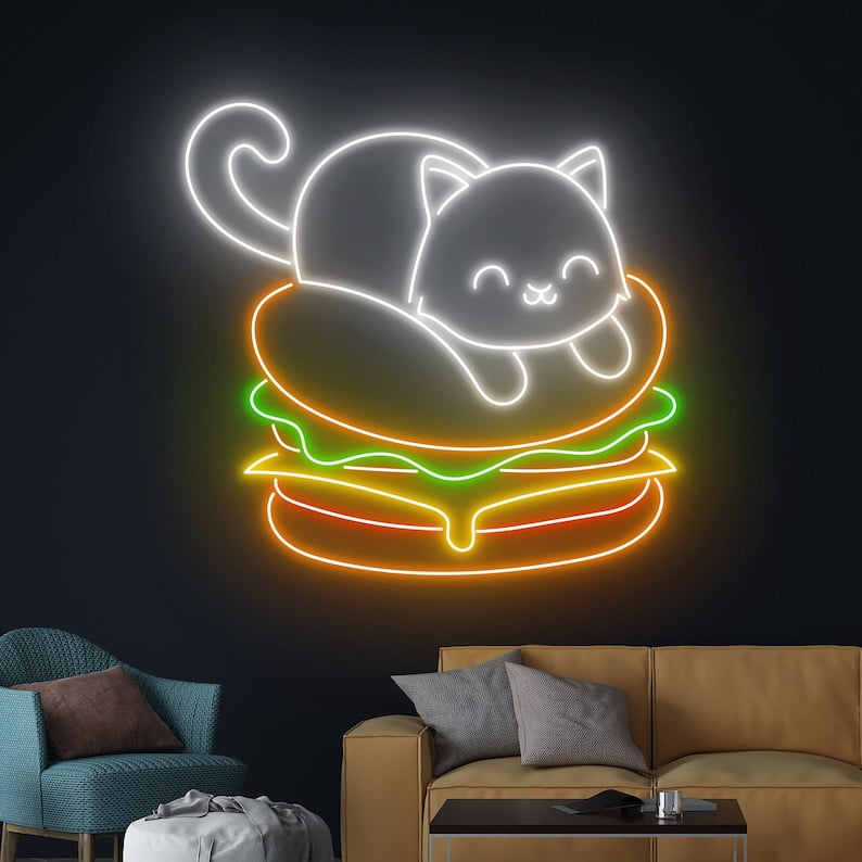 Handmadetneonsign Burger Cat Neon Sign, Cat Burger Neon Light, Burger ...