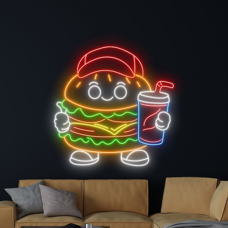 Handmadetneonsign Burger Drinking Neon Sign, Burger Restaurant Wall Art ...
