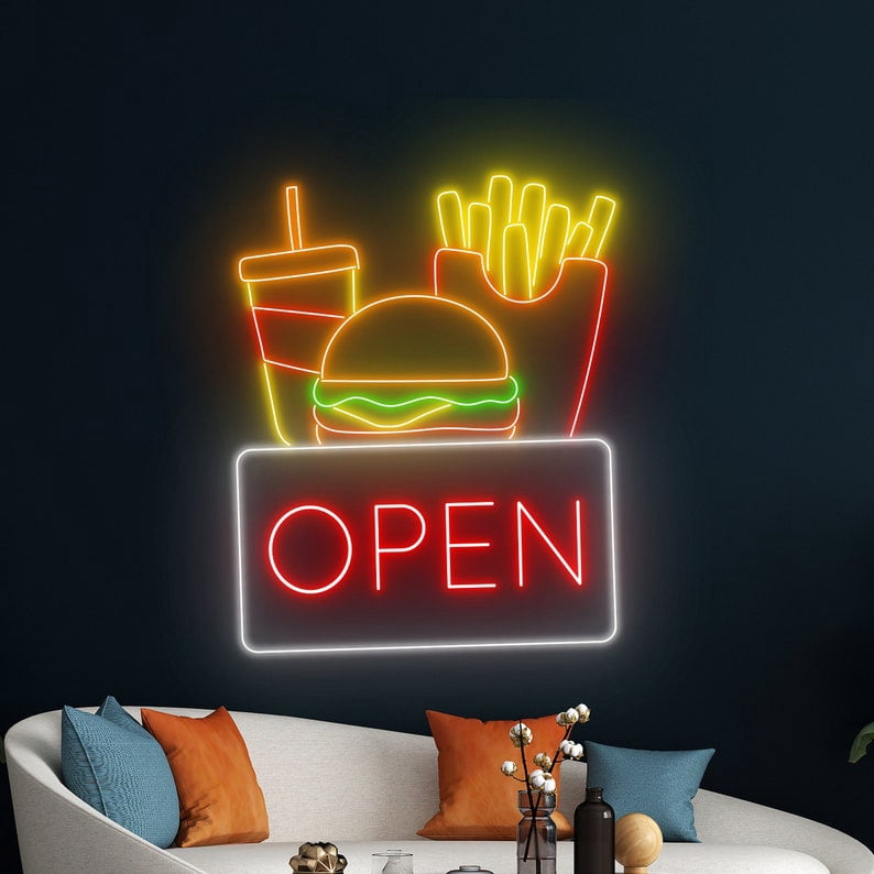 Handmadetneonsign Burger French Fries Coke Neon Sign, Fast Food Open ...