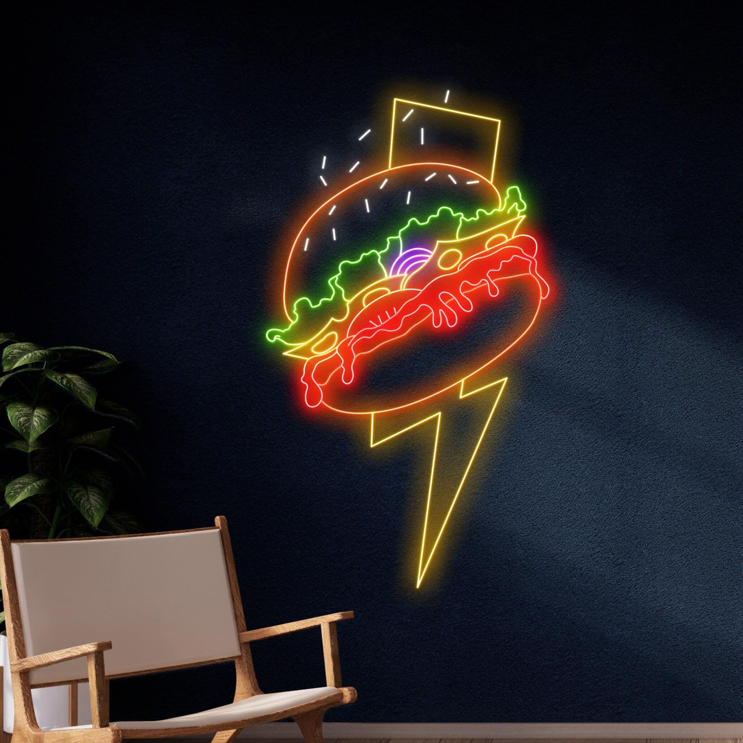 Handmadetneonsign Burger Lighting Bolt Neon Sign, Burger Light Bolt ...
