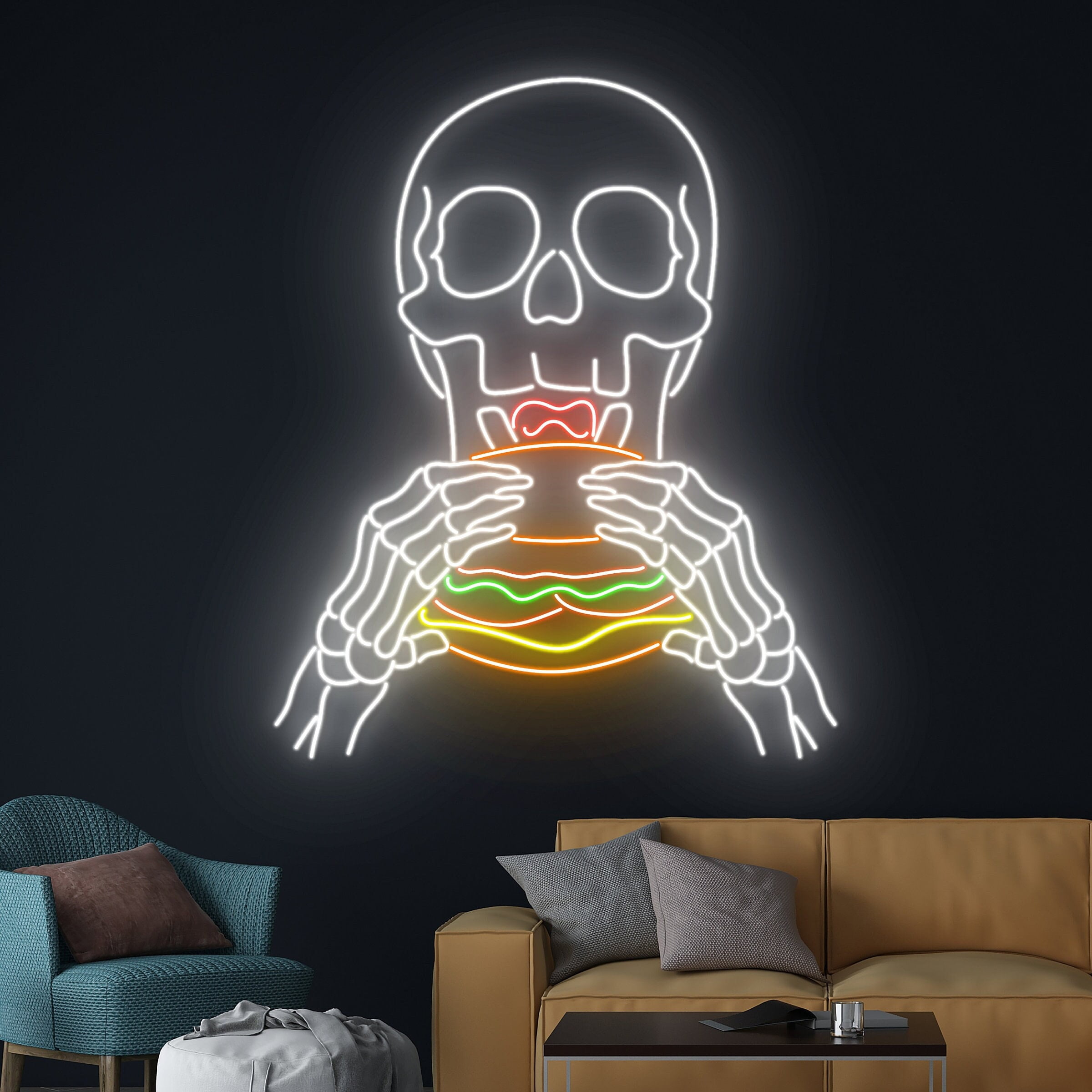 Handmadetneonsign Burger Skeleton Neon Sign, Skeleton Burger Neon Light ...