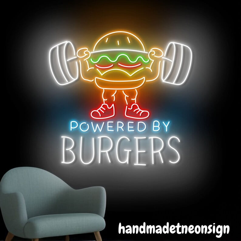 Handmadetneonsign Burger Workout Neon Sign, Gym Room Led Sign, Burger ...