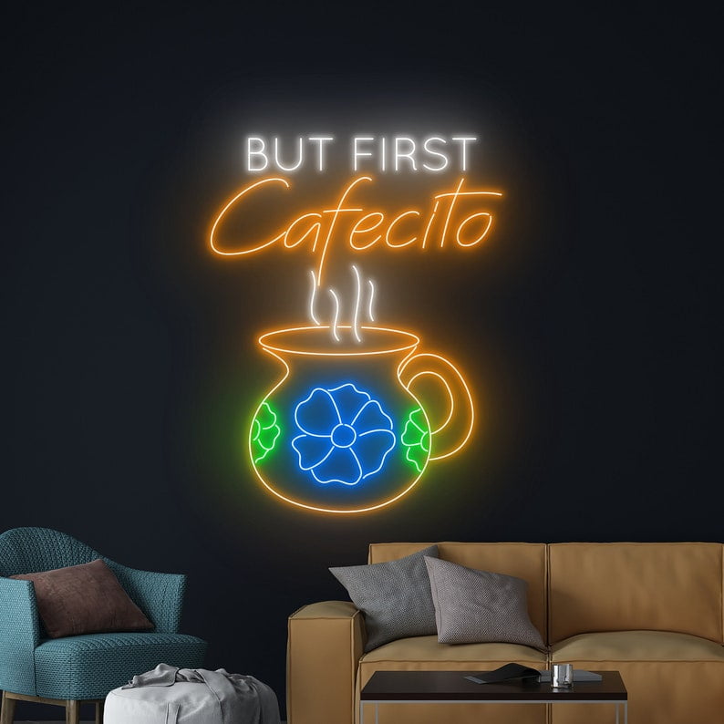 Handmadetneonsign But First Cafecito Neon Sign, Coffee Cup Wall Art ...