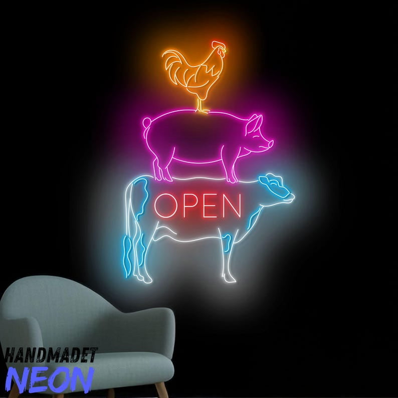 Handmadetneonsign Butcher Shop Open Neon Sign, Chicken Pig Cow Neon ...