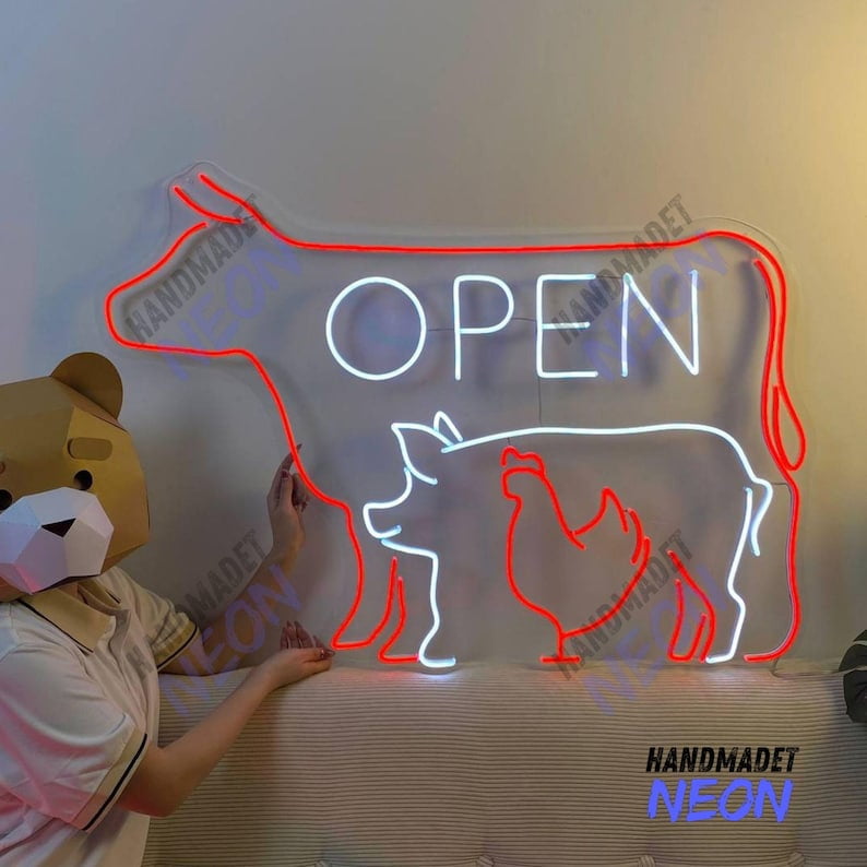 Handmadetneonsign Butcher Shop Open Neon Sign, Chicken Pig Cow Neon ...