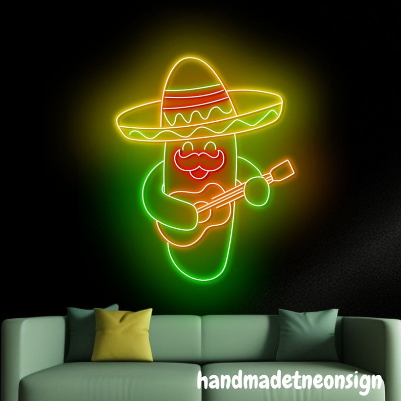 Handmadetneonsign Cactus With Sombrero Neon Sign, Cactus Playing Guitar ...