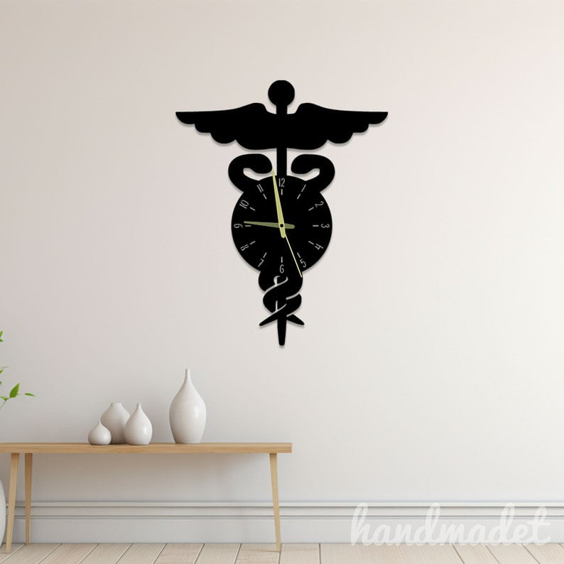 Handmadetneonsign Caduceus Wall Clock Unique, Caduceus Round Wall Clock ...