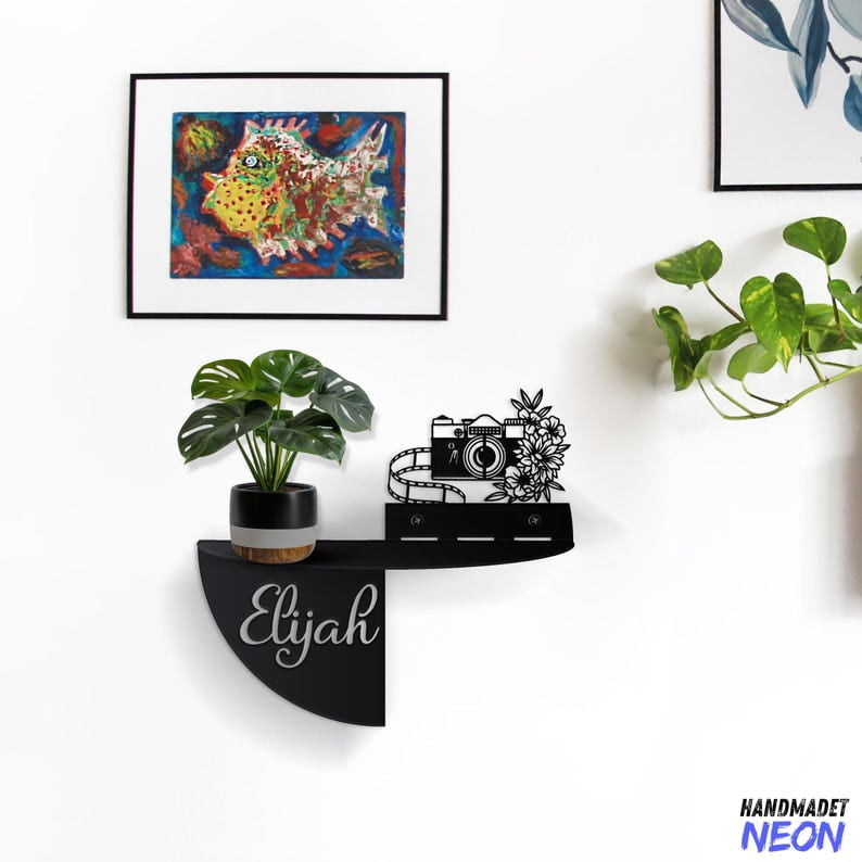 Handmadetneonsign Camera Metal Wall Shelf, Camera Flower Metal Wall ...