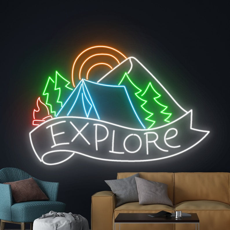 Handmadetneonsign Camping Explore Mountain Neon Sign, Camper Led Sign ...