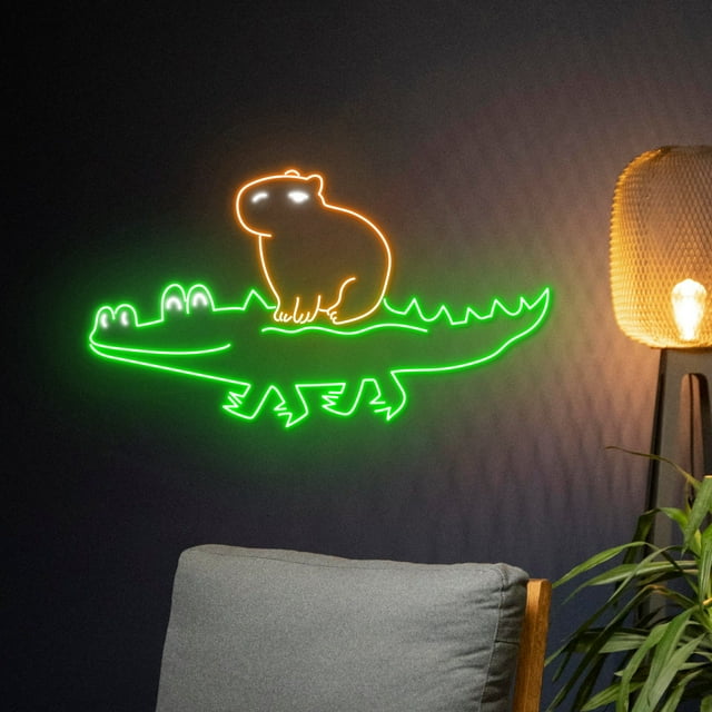 Handmadetneonsign Capybara Crocodile Neon Sign, Crocodile Capybara Led ...