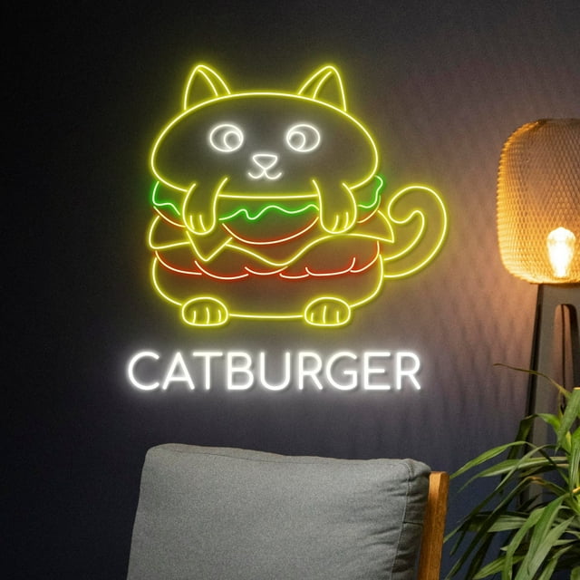 Handmadetneonsign Cat Burger Neon Sign, Burger Cat Neon Light ...