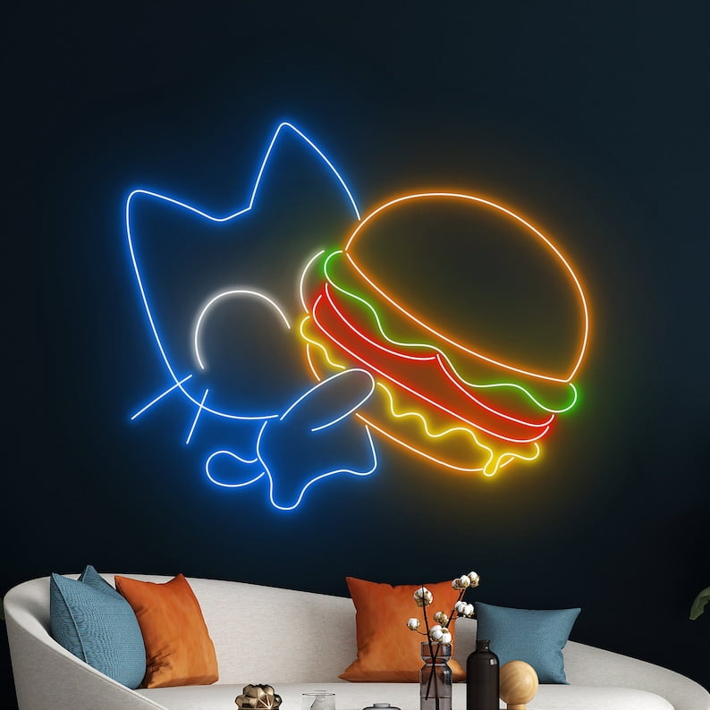 Handmadetneonsign Cat Burger Wall Art, Burger Cat Wall Decor, Burger ...