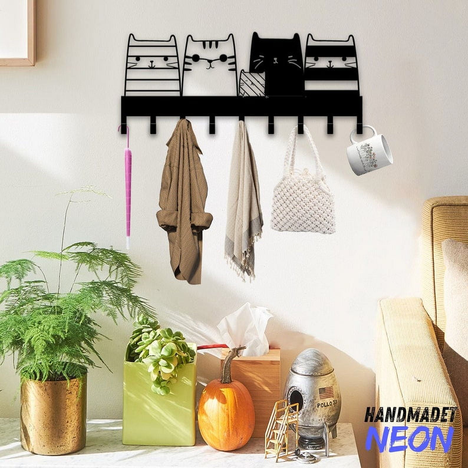 Handmadetneonsign Cat Coat Rack Wall Hanger, Cute Cat Metal Wall Hooks ...