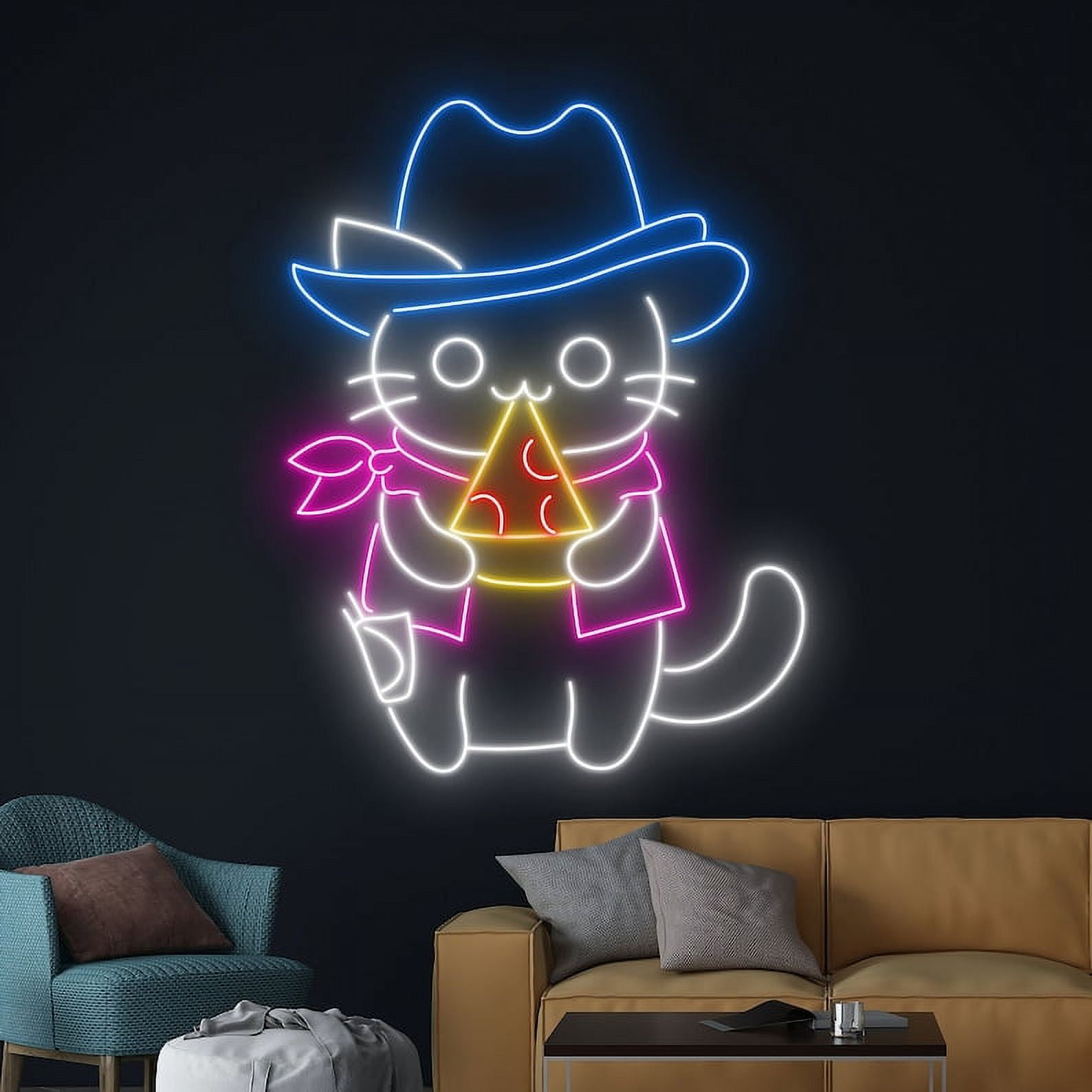 Handmadetneonsign Cat Cowboy Eating Pizza Neon Sign, Pizza Wall Art ...