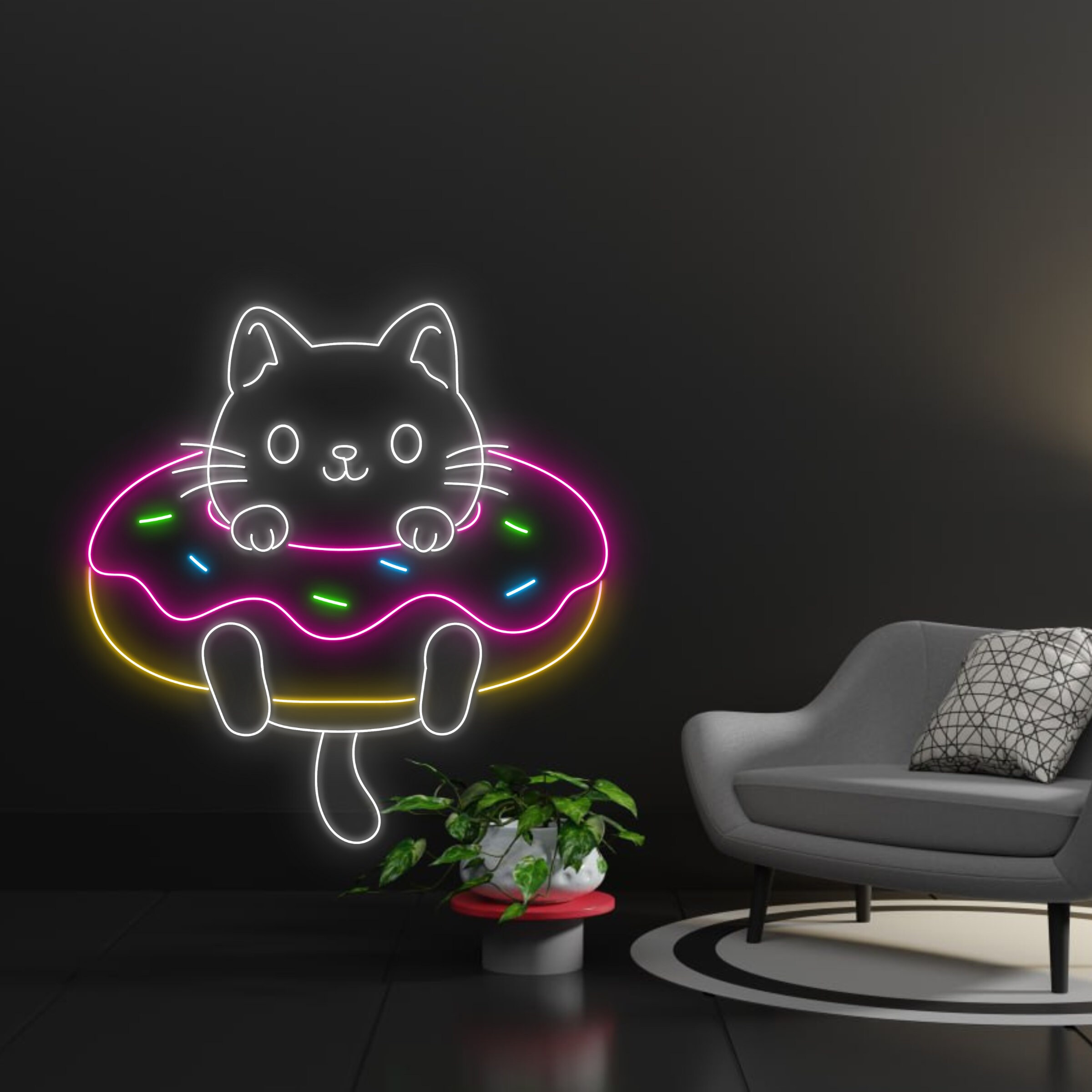 Handmadetneonsign Cat Donut Led Sign, Cat Donut Led Lights, Donut Neon ...