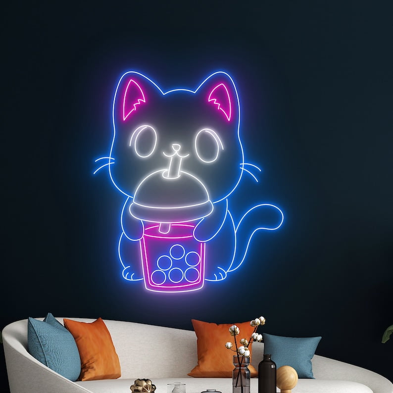 Handmadetneonsign Cat Drinking Boba Tea Wall Art, Boba Tea Open Wall ...