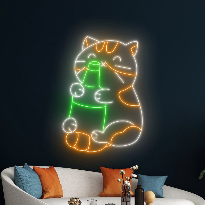 Handmadetneonsign Cat Drinking Soju Neon Sign, Cat Soju Neon Led Art ...