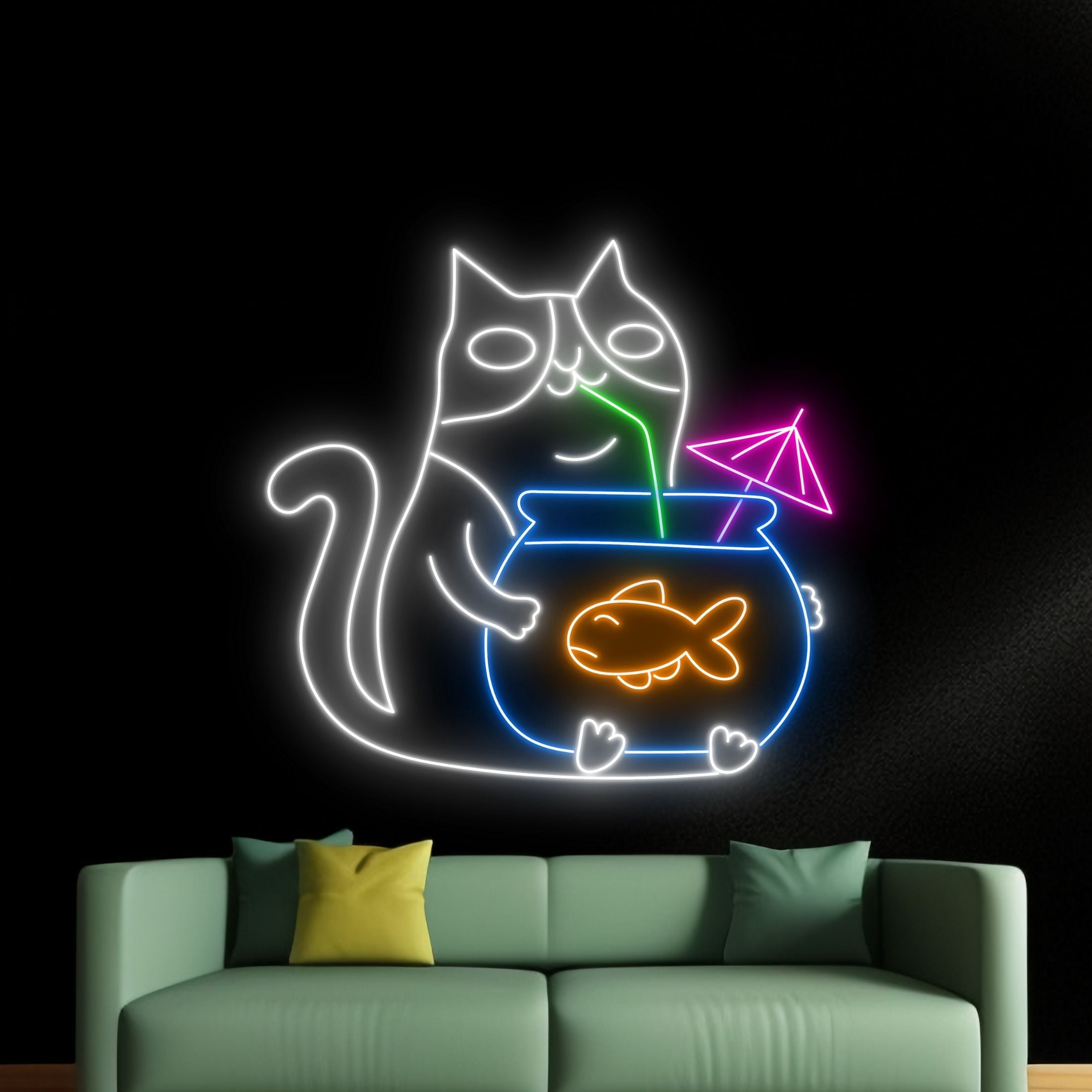 Handmadetneonsign Cat Eating Fish Neon Sign, Cat And Fish Wall Art ...