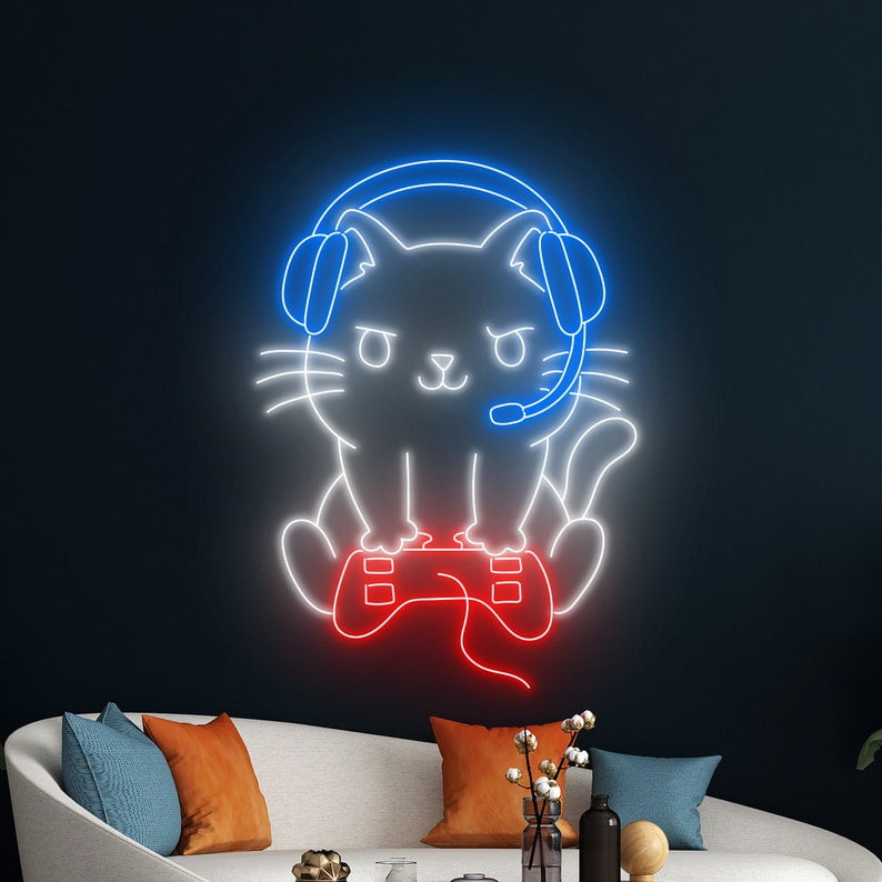 Handmadetneonsign Cat Gamer Neon Sign, Cat Playing Game Wall Art Decor ...