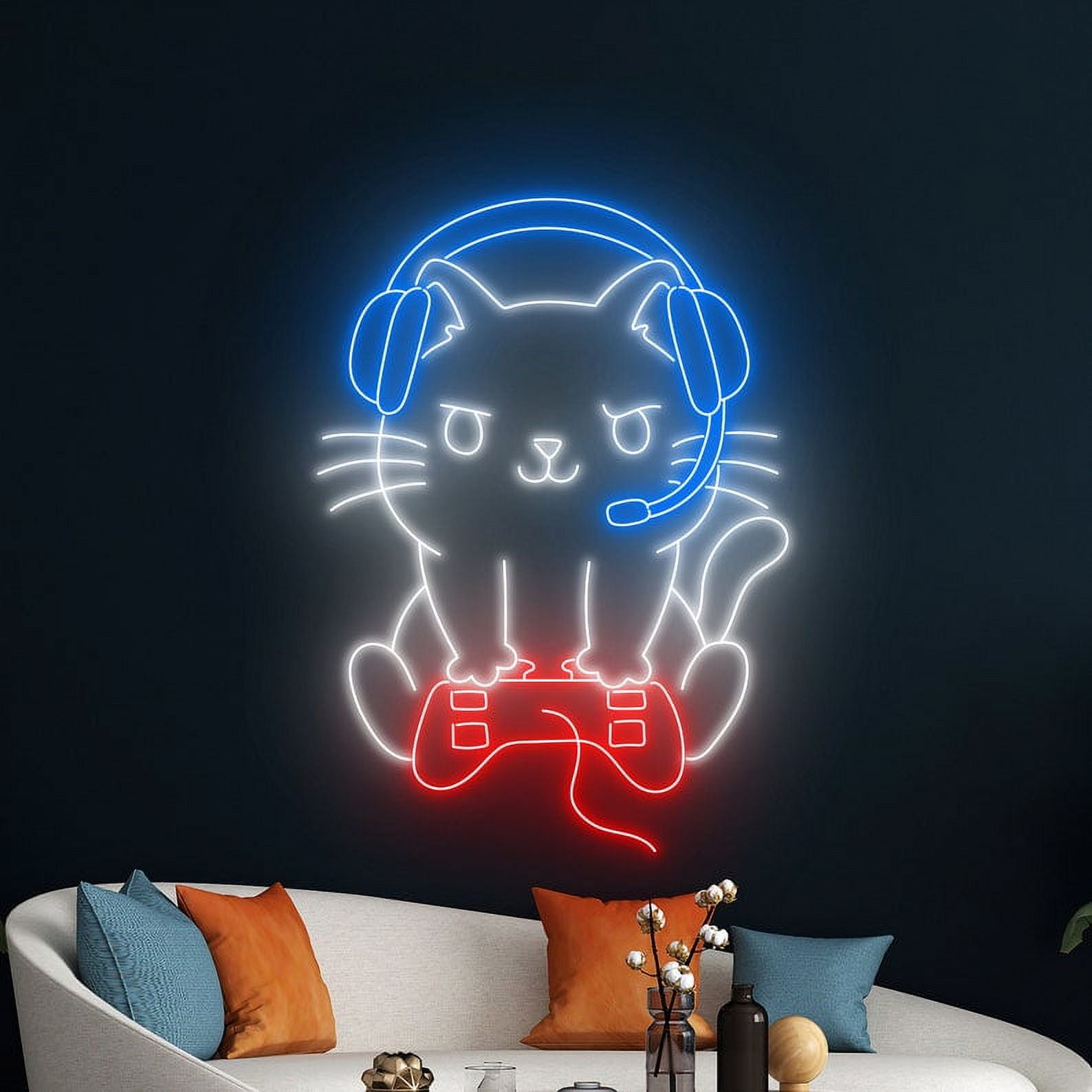 Handmadetneonsign Cat Gamer Neon Sign, Cat Playing Game Wall Art Decor ...