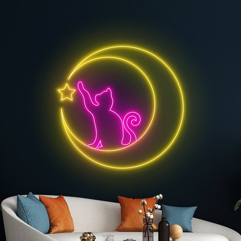 Handmadetneonsign Cat On The Moon Neon Sign, Moon Cat Neon Sign, Cat ...