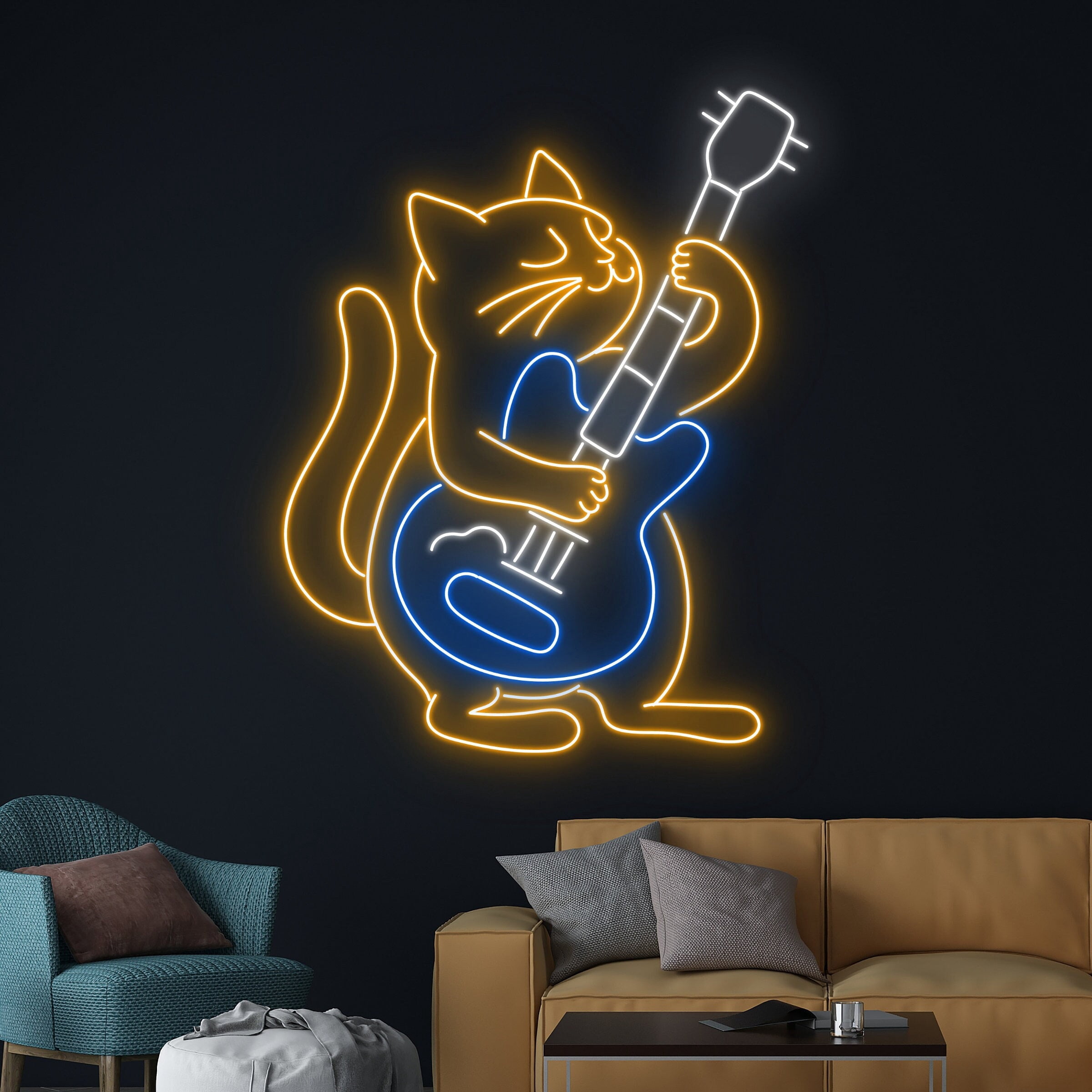 Handmadetneonsign Cat Playing Guitar Neon Sign, Cat Guitarist Led Sign ...