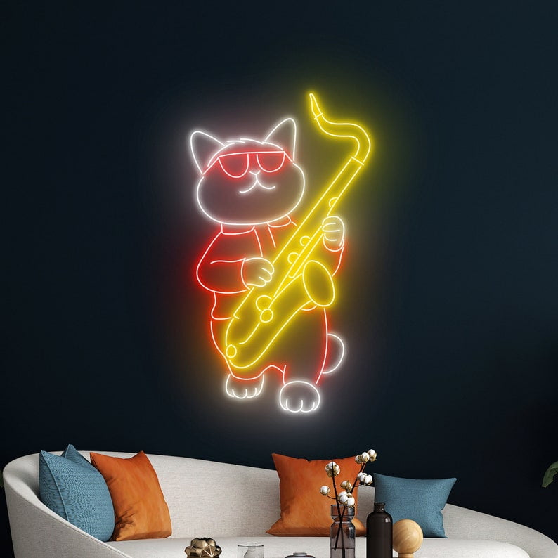 Handmadetneonsign Cat Playing Saxophone Neon Light, Cat Led Light, Cat ...