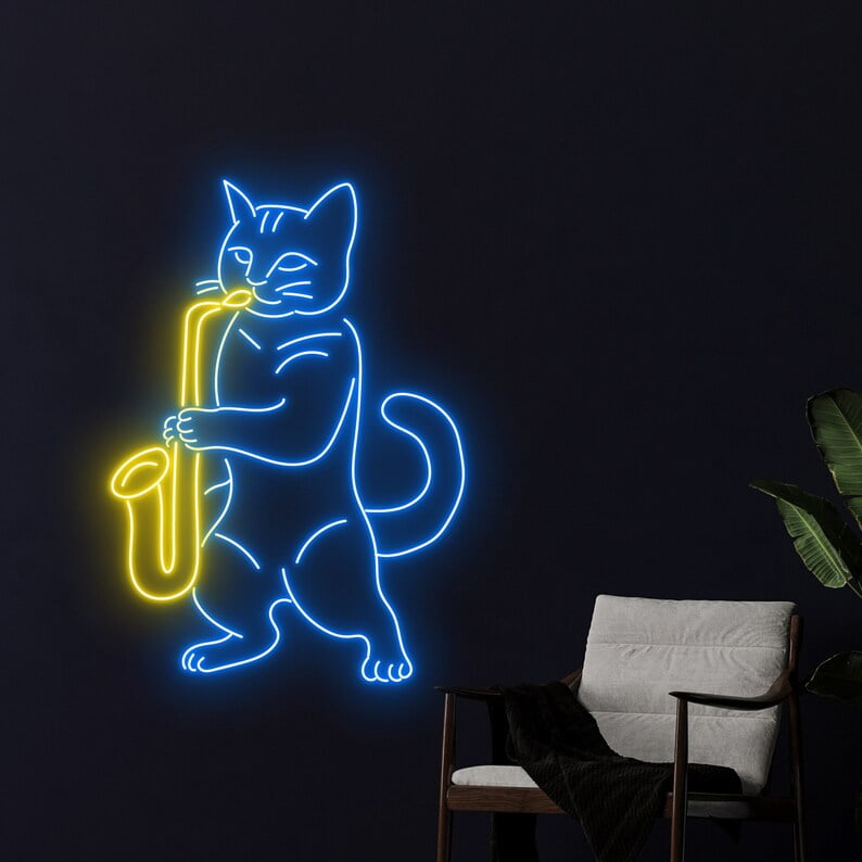 Handmadetneonsign Cat Playing Saxophone Neon Sign, Cat Neon Light Art ...