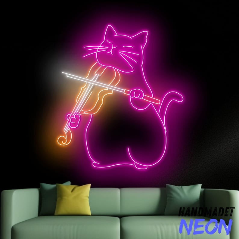 Handmadetneonsign Cat Playing Violin Neon Sign, Cat Violin Led Sign ...