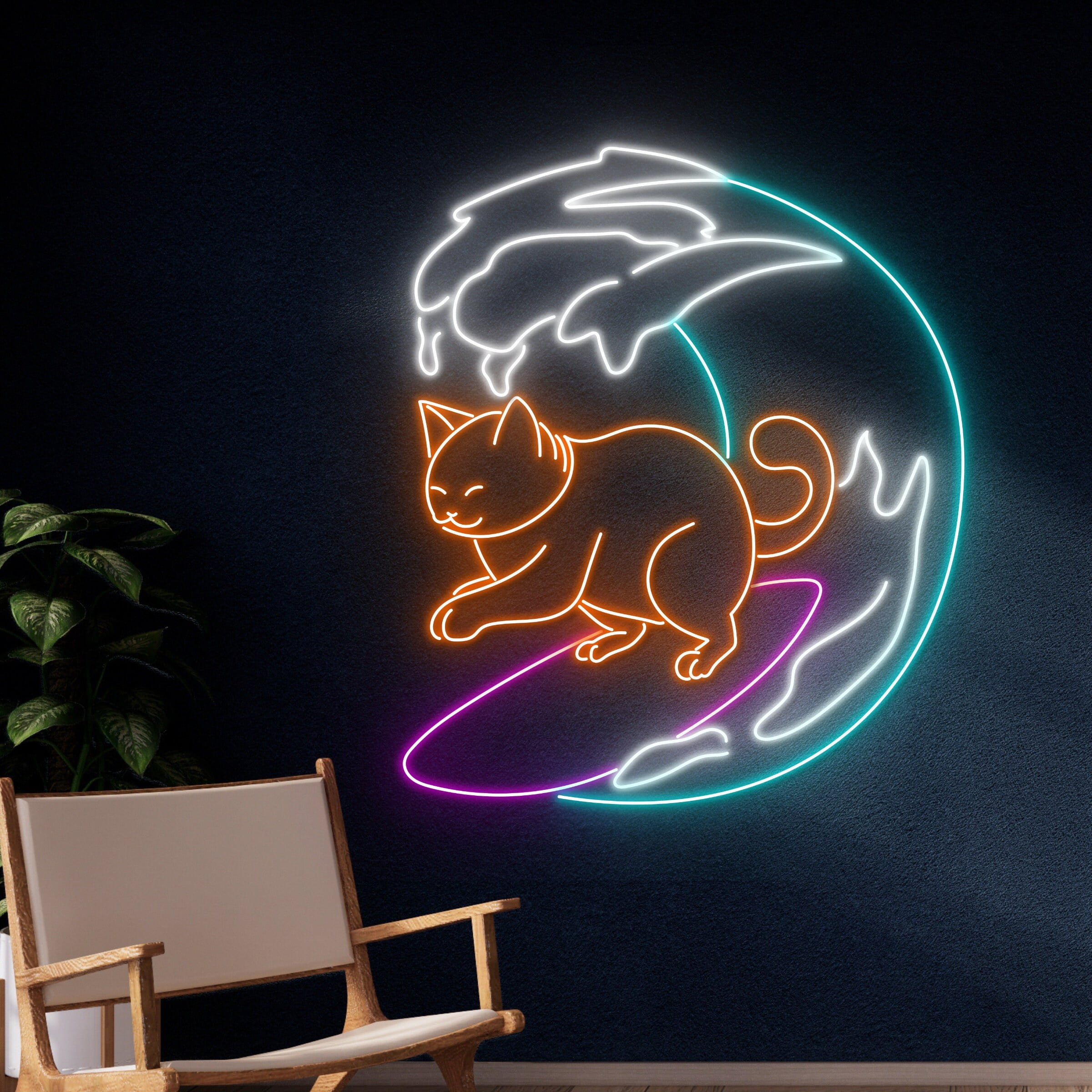 Handmadetneonsign Cat Surfing Neon Sign, Cat Surfer Led Sign, Wave Surf ...