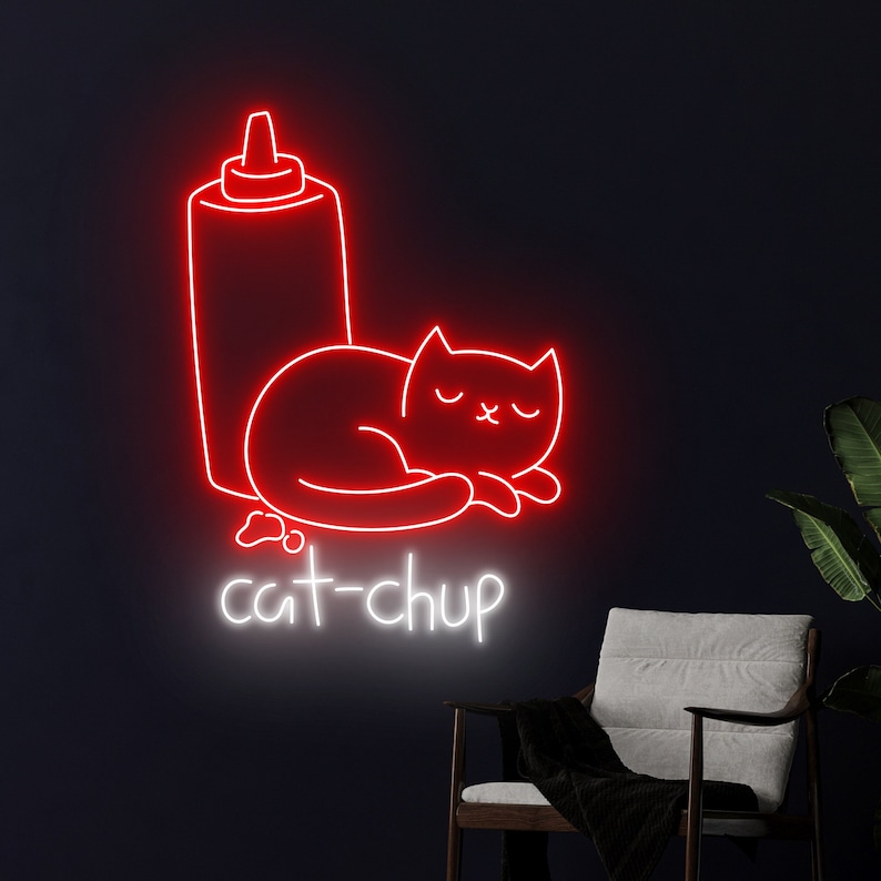 Handmadetneonsign Cat-chup Neon Sign, Ketchup Cat Neon Light, Cat ...