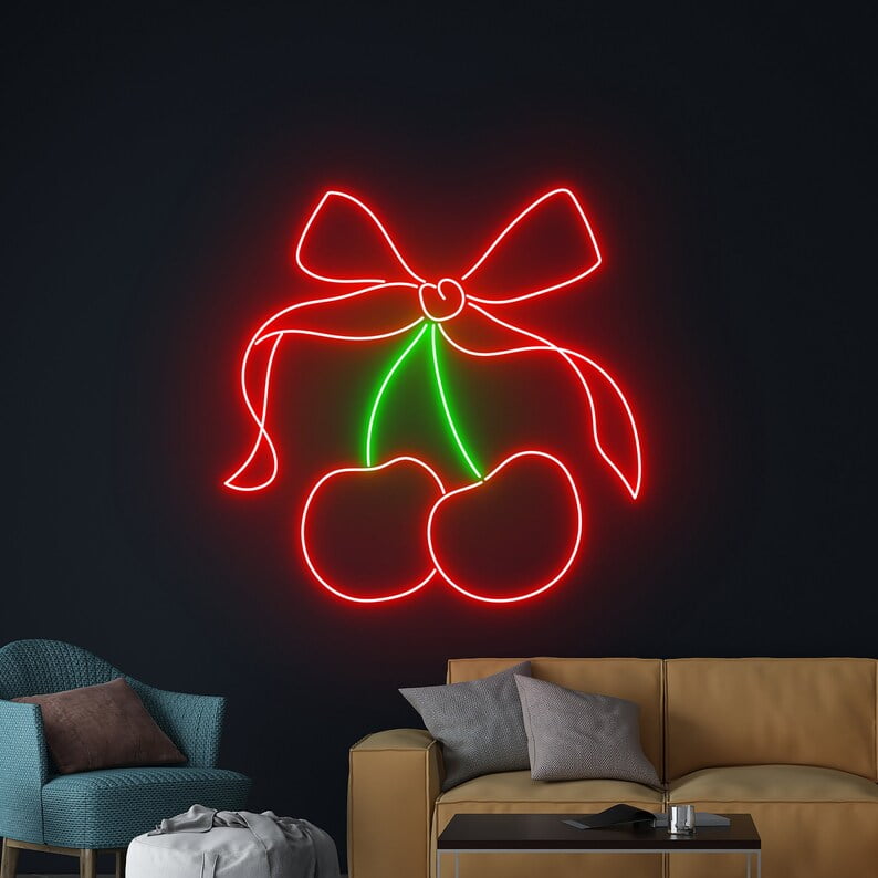 Handmadetneonsign Cherry Coquette Bow Led Neon Sign, Cherry Led Art ...