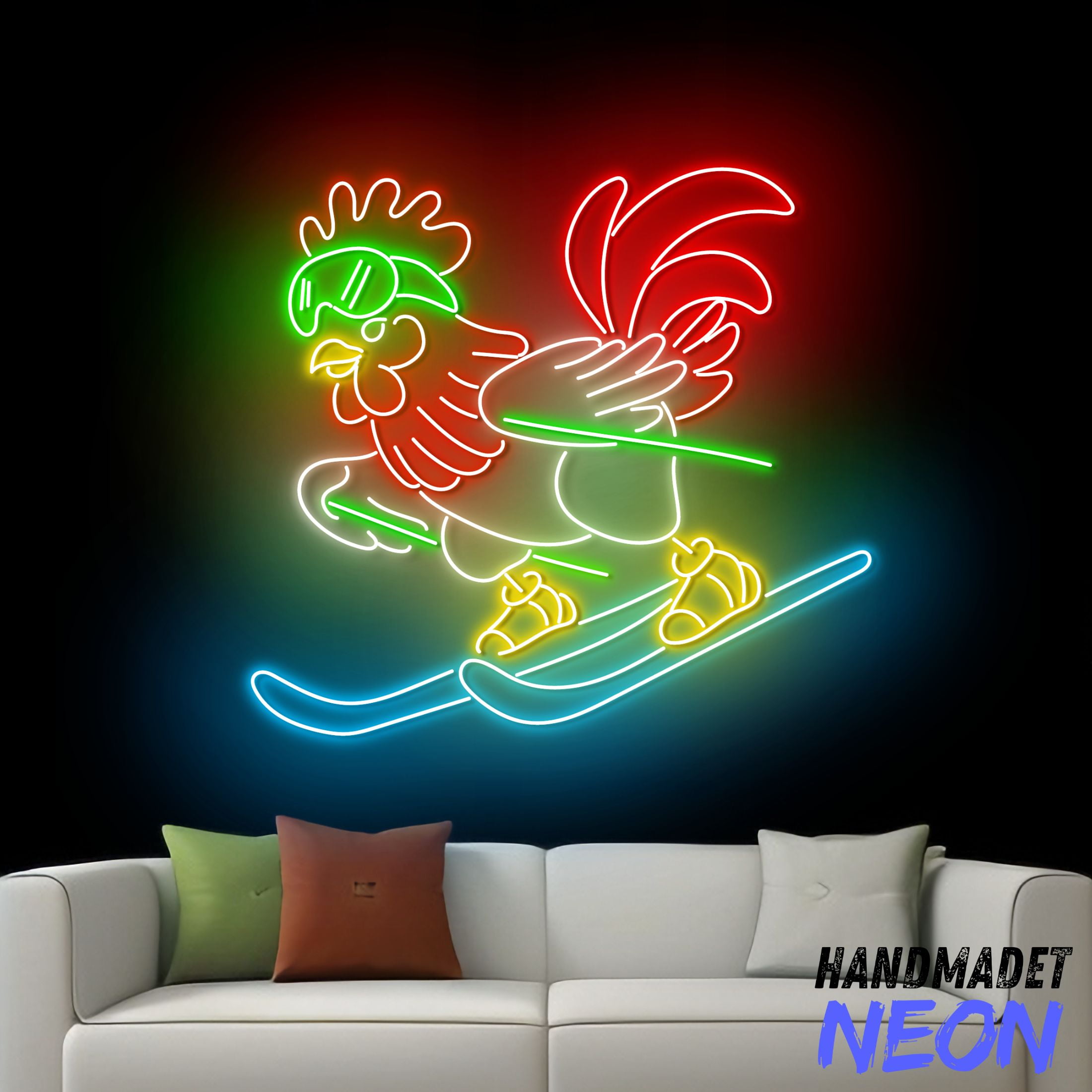 Handmadetneonsign Chicken Skiing Neon Sign, Rooster Wal Art, Chicken ...