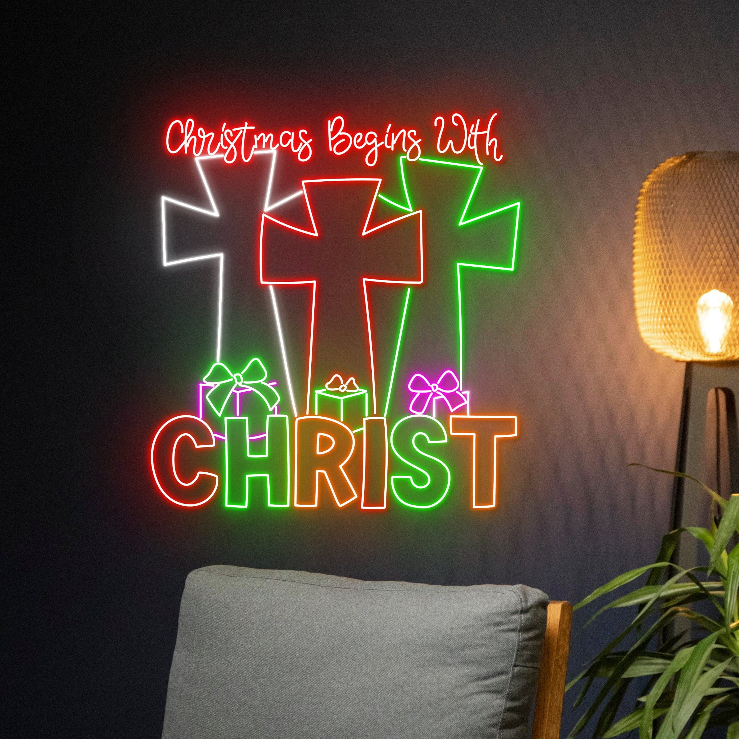 Handmadetneonsign Christmas Begins With Christ Neon Sign, Jesus Cross ...