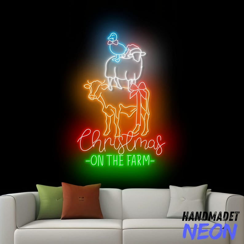 Handmadetneonsign Christmas On The Farm Neon Sign, Duck Sheep Cow Neon ...