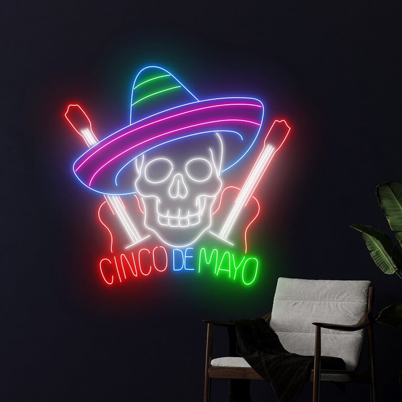 Handmadetneonsign Cinco De Mayo Neon Sign, Skeleton Hat Maraca Wall Art ...