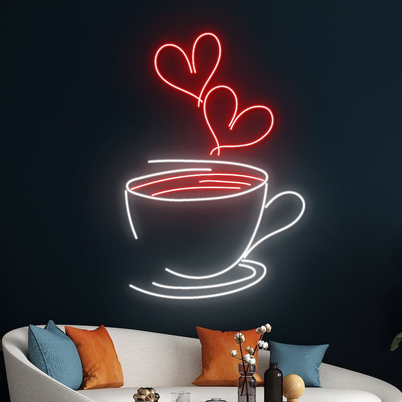 Handmadetneonsign Coffee Heart Neon Sign, Coffee Cup Neon Led Wall Art ...