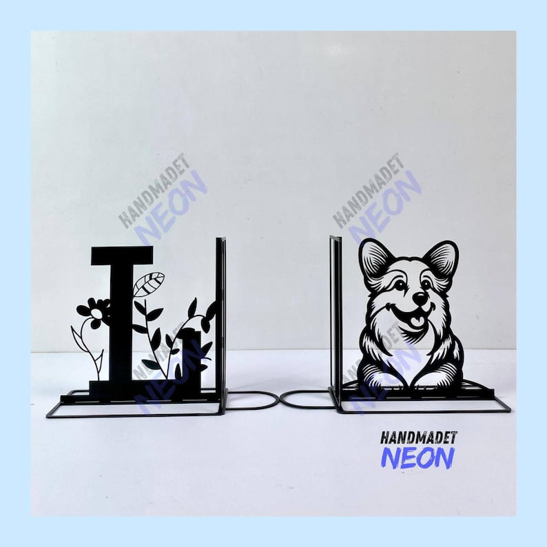Handmadetneonsign Corgi Dog Metal Bookends, Corgi Dog Name Bookend, Dog ...