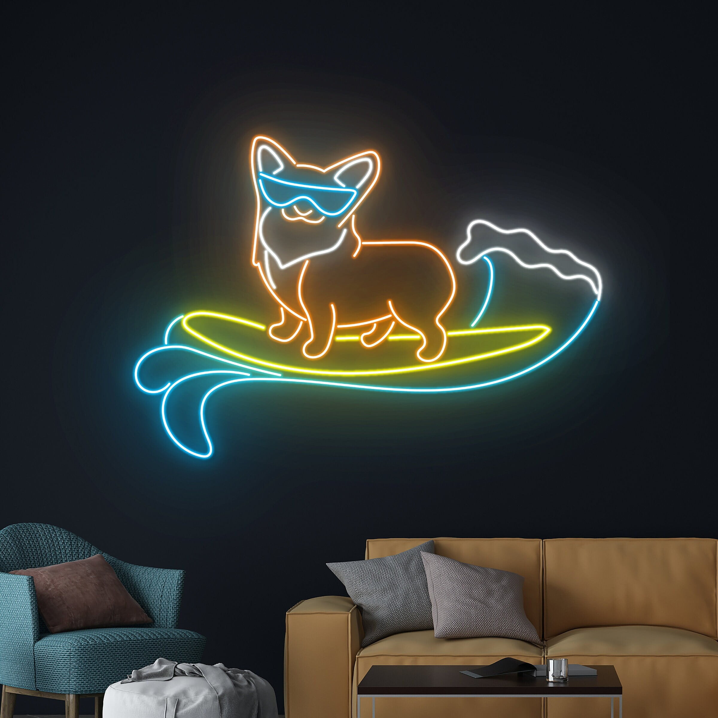 Handmadetneonsign Corgi Surfing Neon Sign, Surfer Corgi Neon Light ...