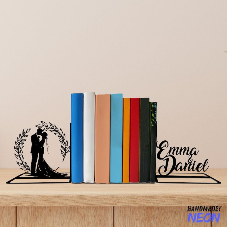 Handmadetneonsign Couple Lover Metal Bookends, Couple Name Bookend ...