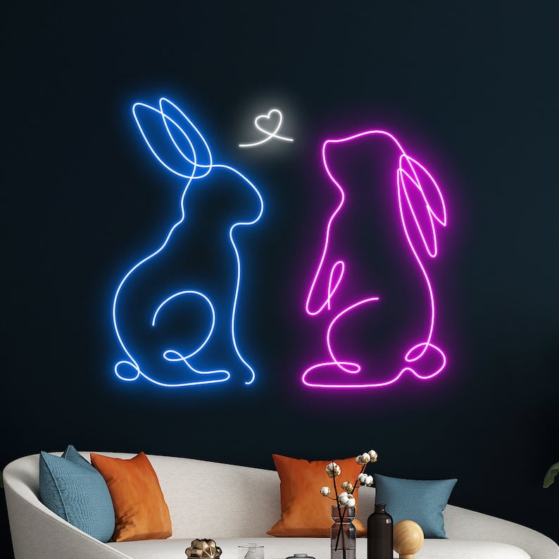 Handmadetneonsign Couple Rabbit Neon Sign, Bunny Neon Light, Easter ...