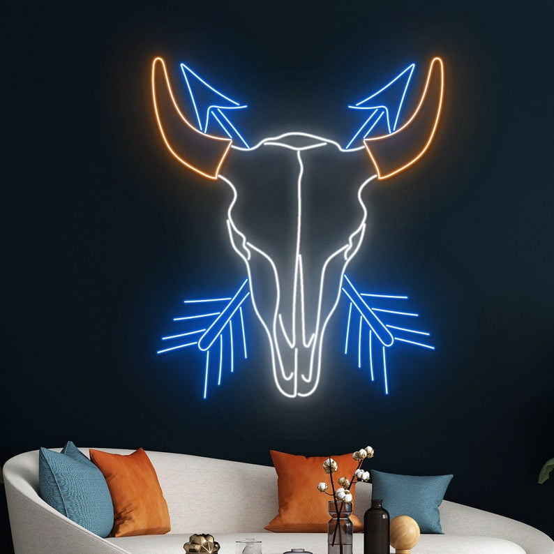 Handmadetneonsign Cow Head Arrow Neon Sign, Cow Skull Wall Art Decor ...