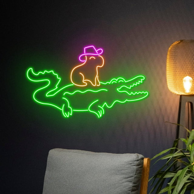 Handmadetneonsign Cowboy Capybara Crocodile Neon Sign, Crocodile ...