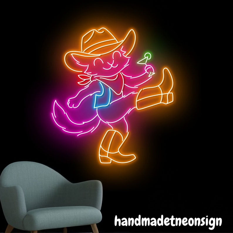 Handmadetneonsign Cowboy Cat Drinking Martini Neon Sign, Cowboy Cat ...